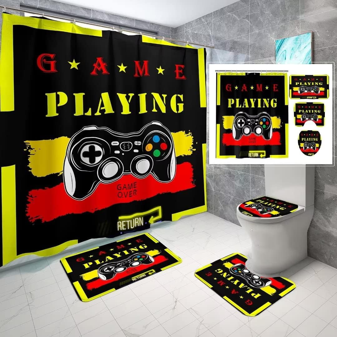 4 PCS Gamer Shower Curtain Set for Boys Bathroom Sets with Curtain,Rug ...