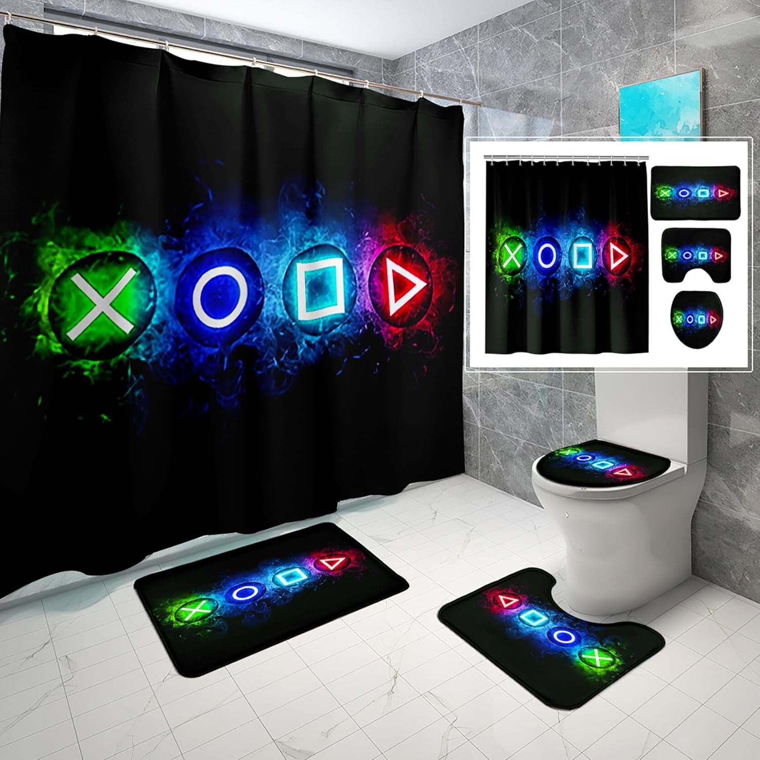 4 PCS Gamer Shower Curtain Set for Boys Bathroom Sets with Curtain,Rug ...