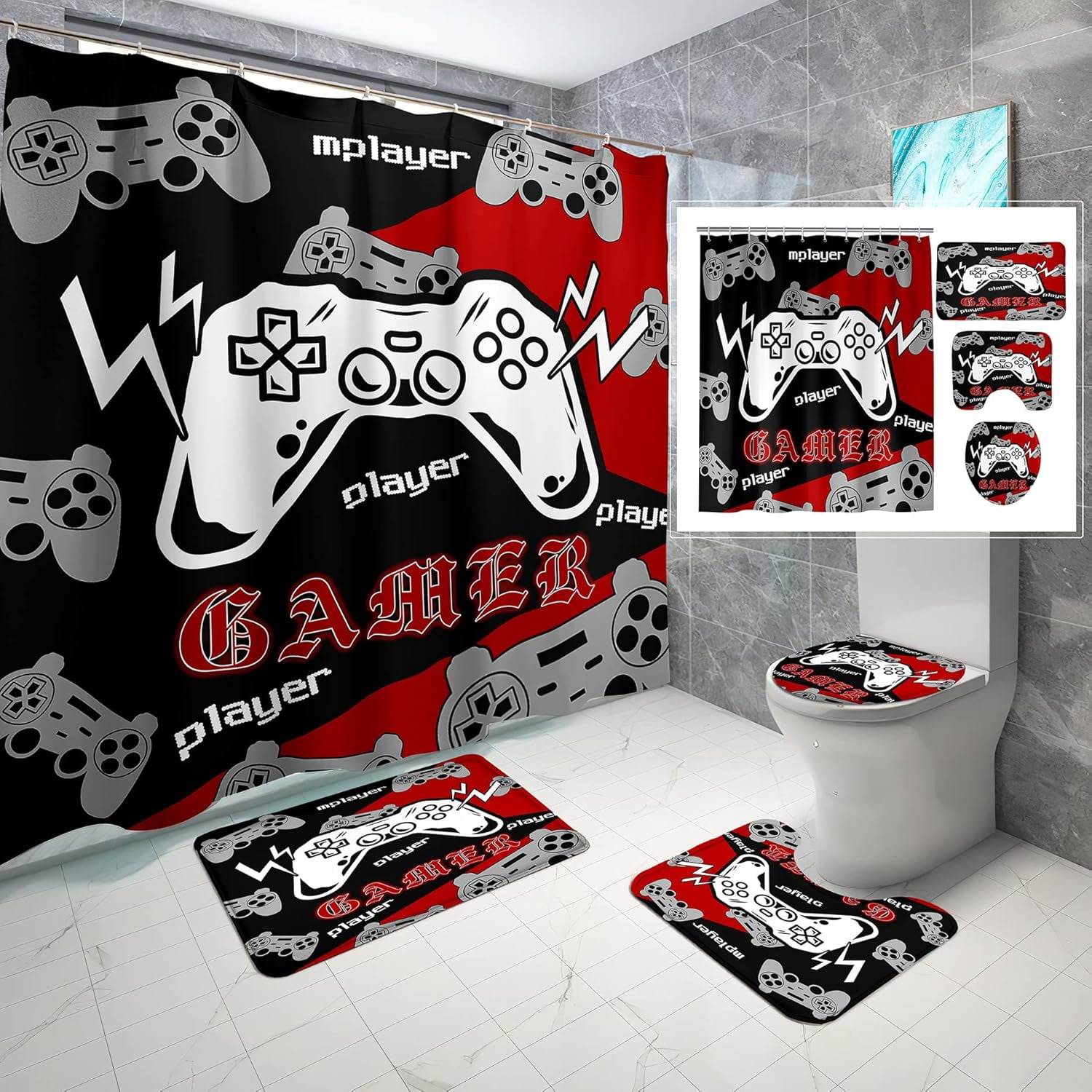 4 PCS Gamer Shower Curtain Set for Boys Bathroom Sets with Curtain,Rug ...