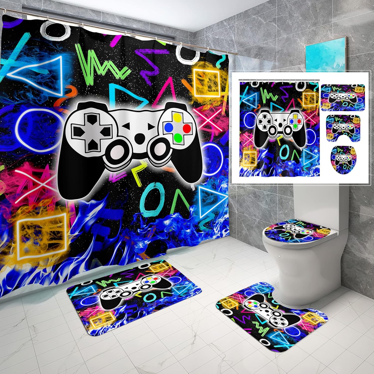 4 PCS Gamer Shower Curtain Set for Boys Bathroom Sets with Curtain,Rug ...