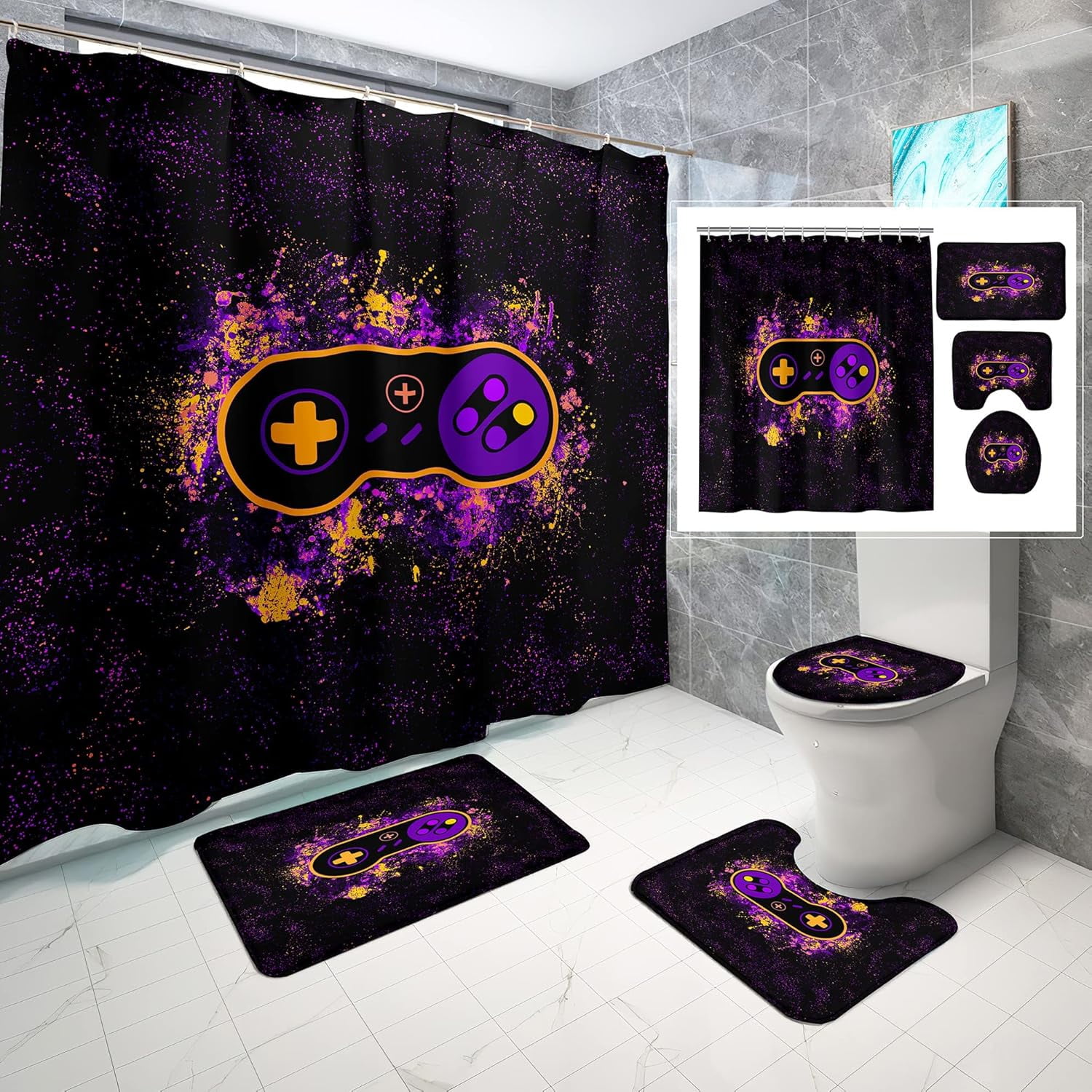 4 PCS Gaming Bathroom Sets for Boys Game Shower Curtain Set with ...