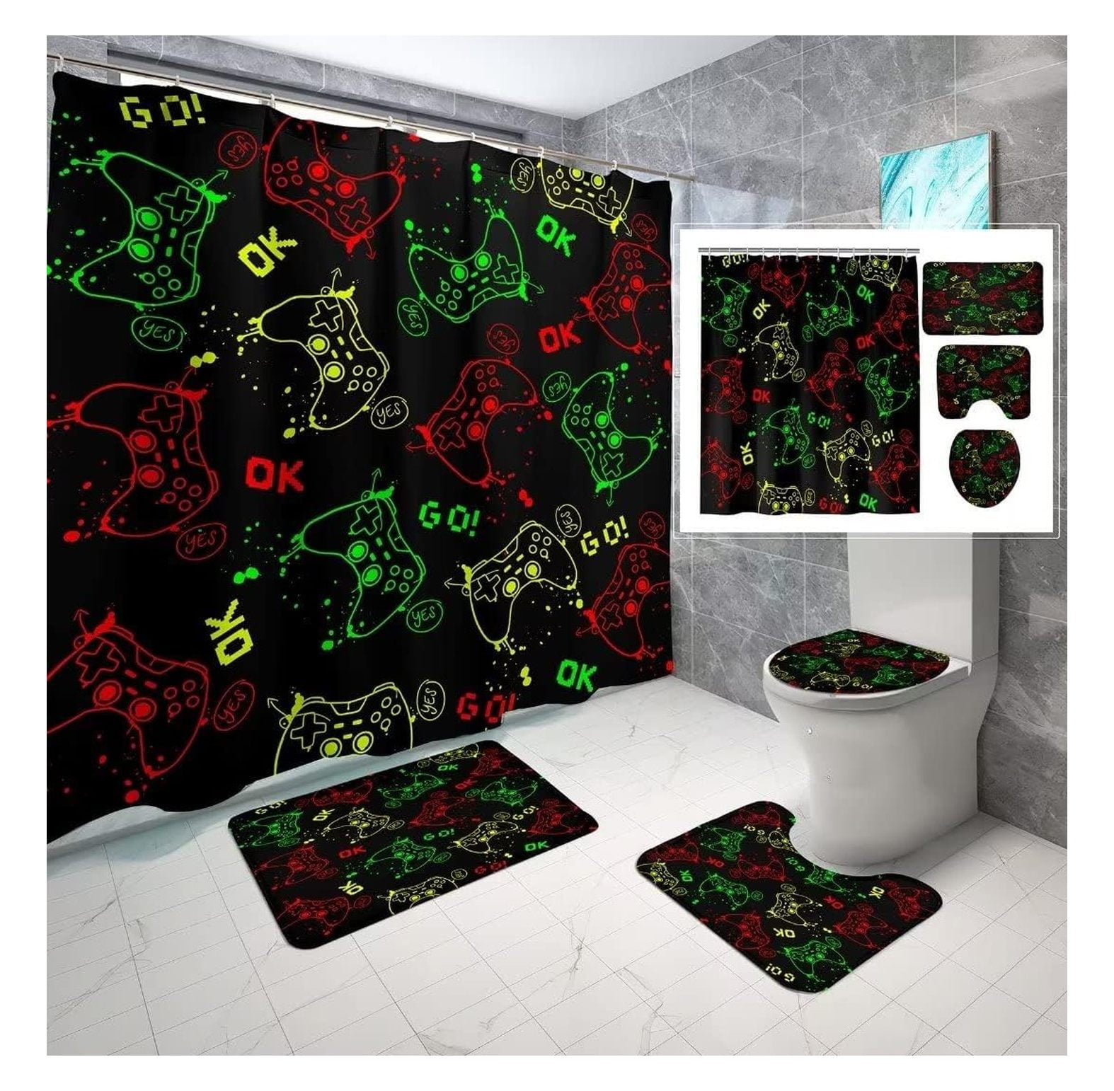 4 PCS Gaming Bathroom Sets for Boys Game Shower Curtain Set with ...