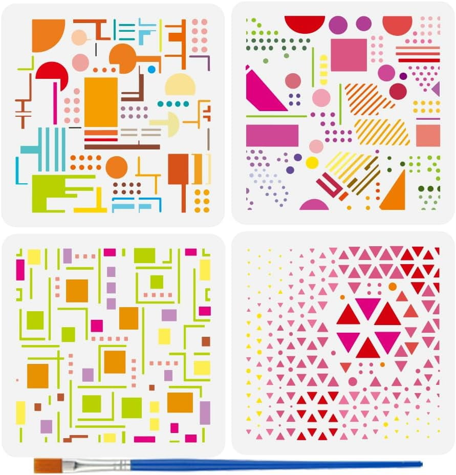 4 PCS Geometric Shapes Painting Stencil with 1Pc Plastic Paint Brush 5 ...