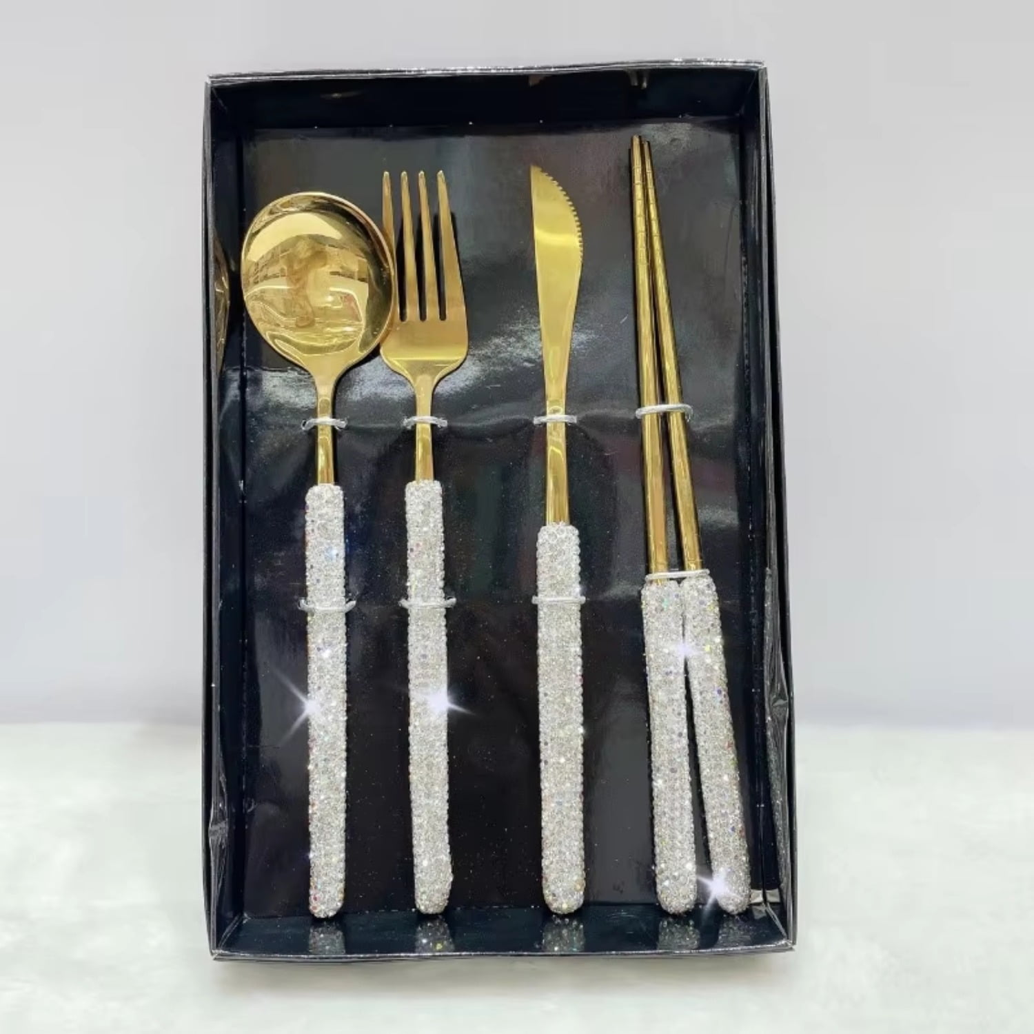 4 PCS Gold Diamond-studded Flatware Sets Knife Fork Spoon Chopsticks ...