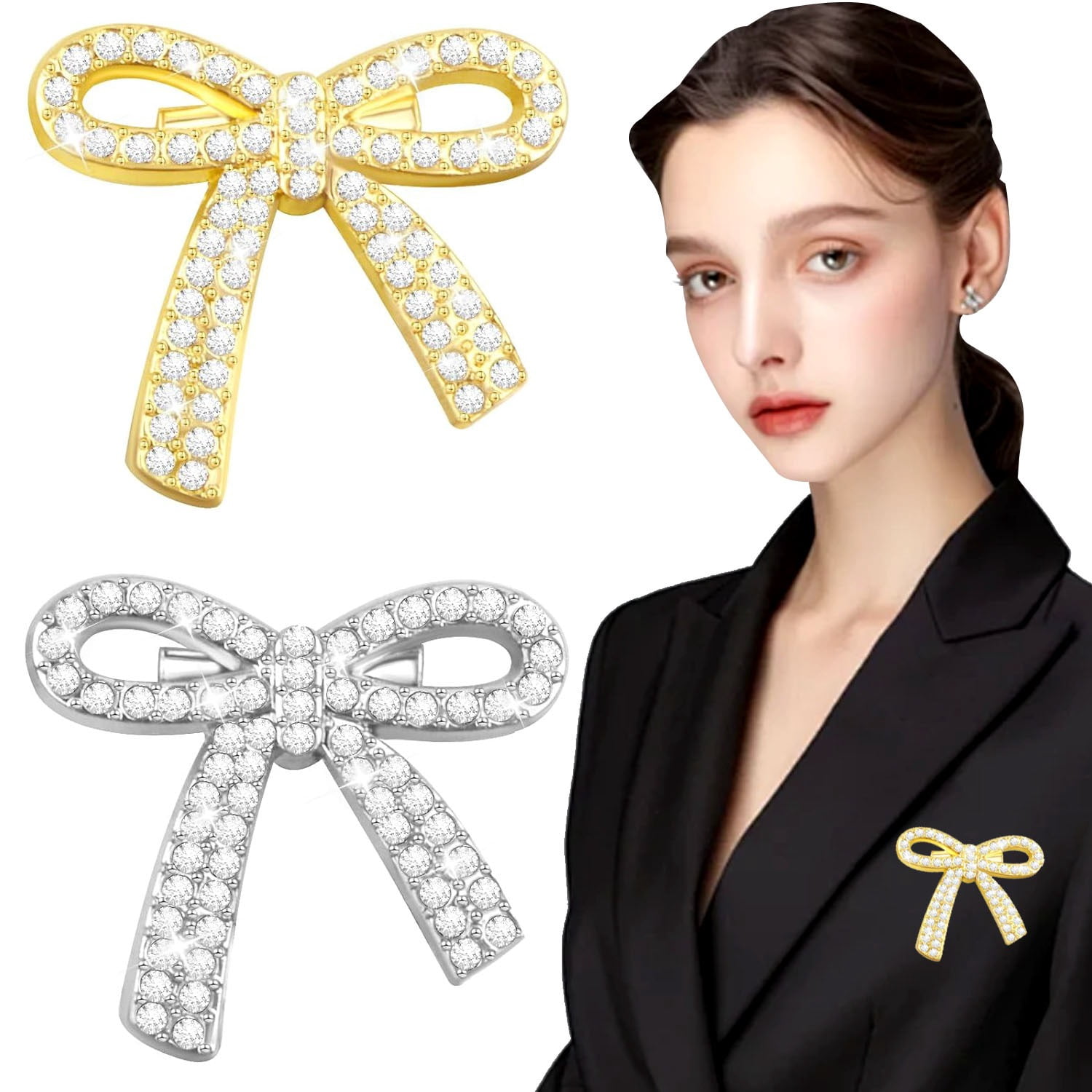 4 PCS Gold & Sliver Crystal Bow Brooch Pins Vintage Sparkly Rhinestone ...