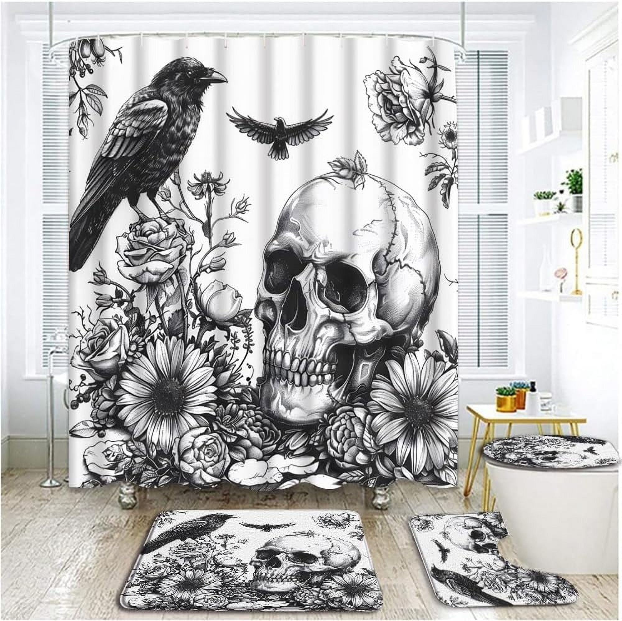 4 PCS Gothic Skull Shower Curtain Set with Rugs, Toilet Lid Cover ...