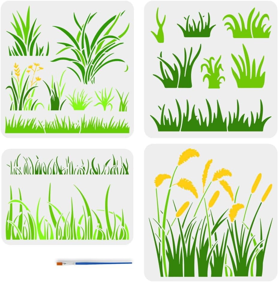 4 PCS Grass Painting Stencil with 1 Pc Plastic Paint Brush Reusable 4 ...