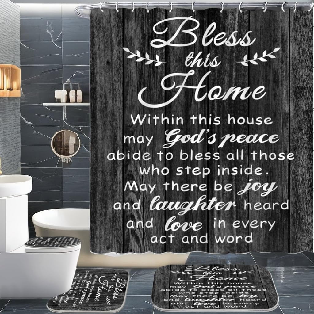 4 PCS Grey Bible Verse Shower Curtain Sets,Inspirational Quotes ...