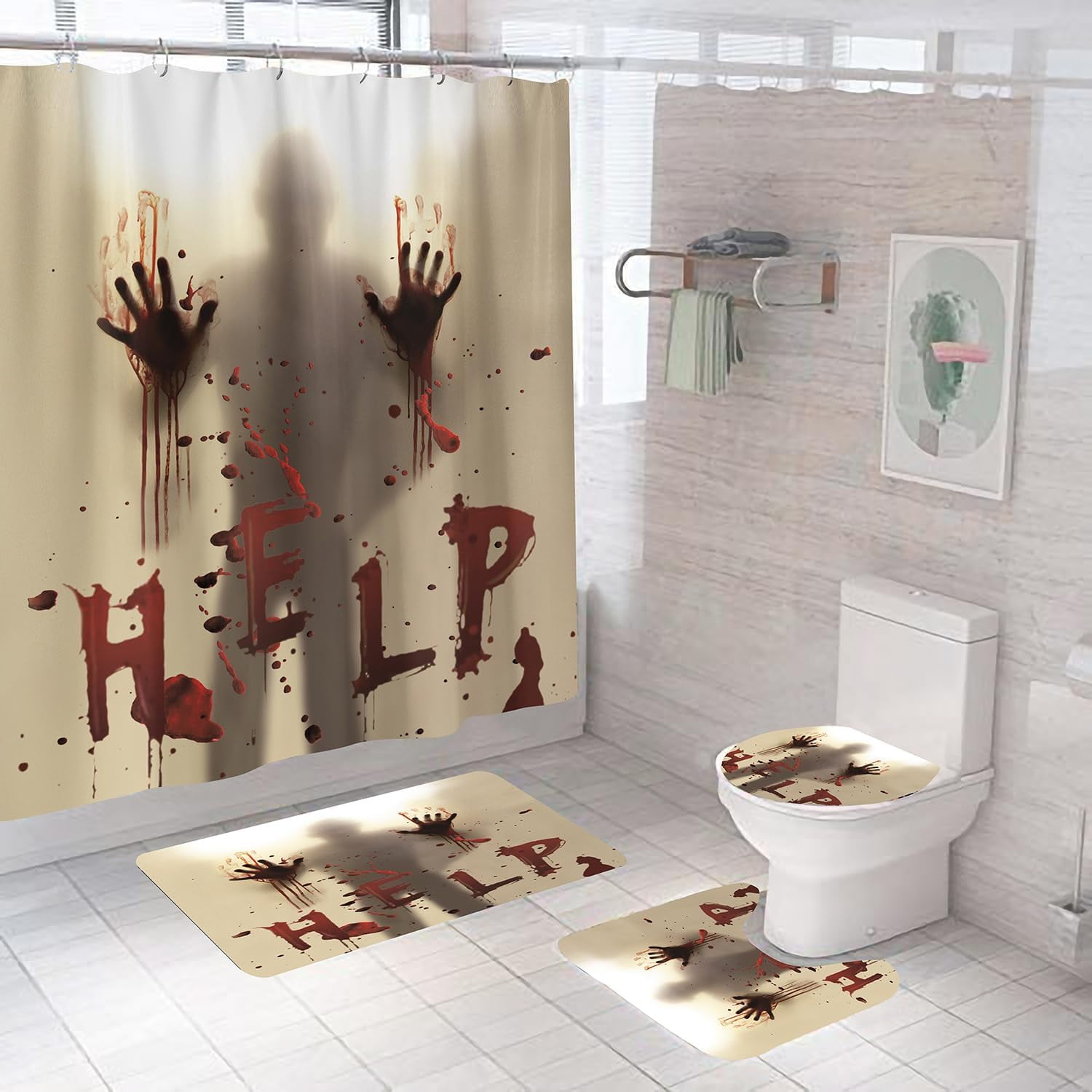 4 PCS Halloween Horror Blood Shower Curtain Sets with Rugs, Scary Ghost ...