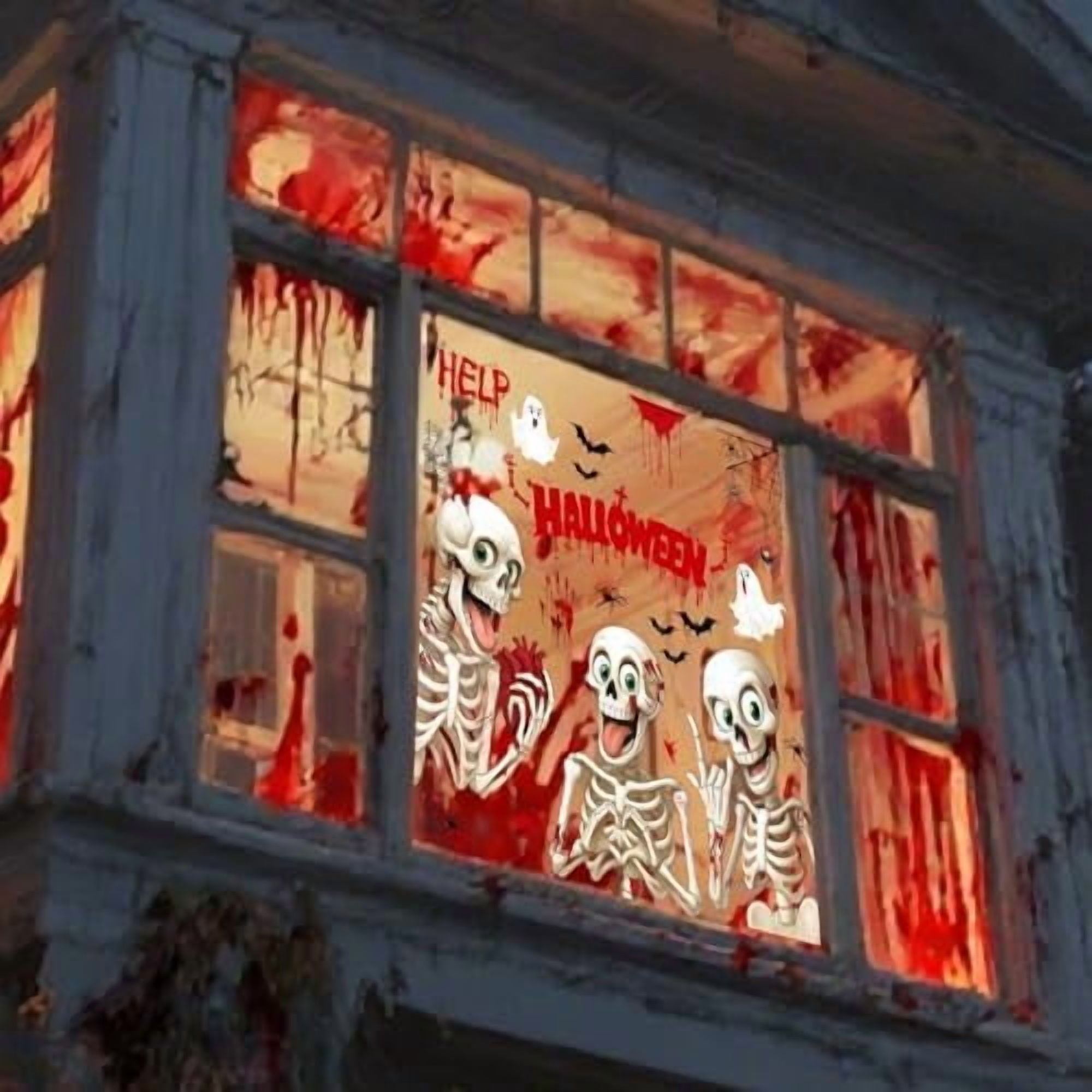 4 PCS Halloween Window Clings, Double Sided Skeleton Bloody Bat Ghost ...