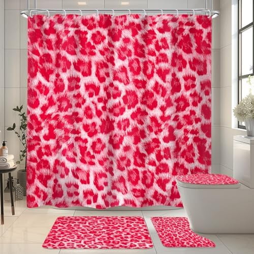 4 PCS Hot Pink Leopard Print Shower Curtain Set 72Wx72H,Toilet Lid ...