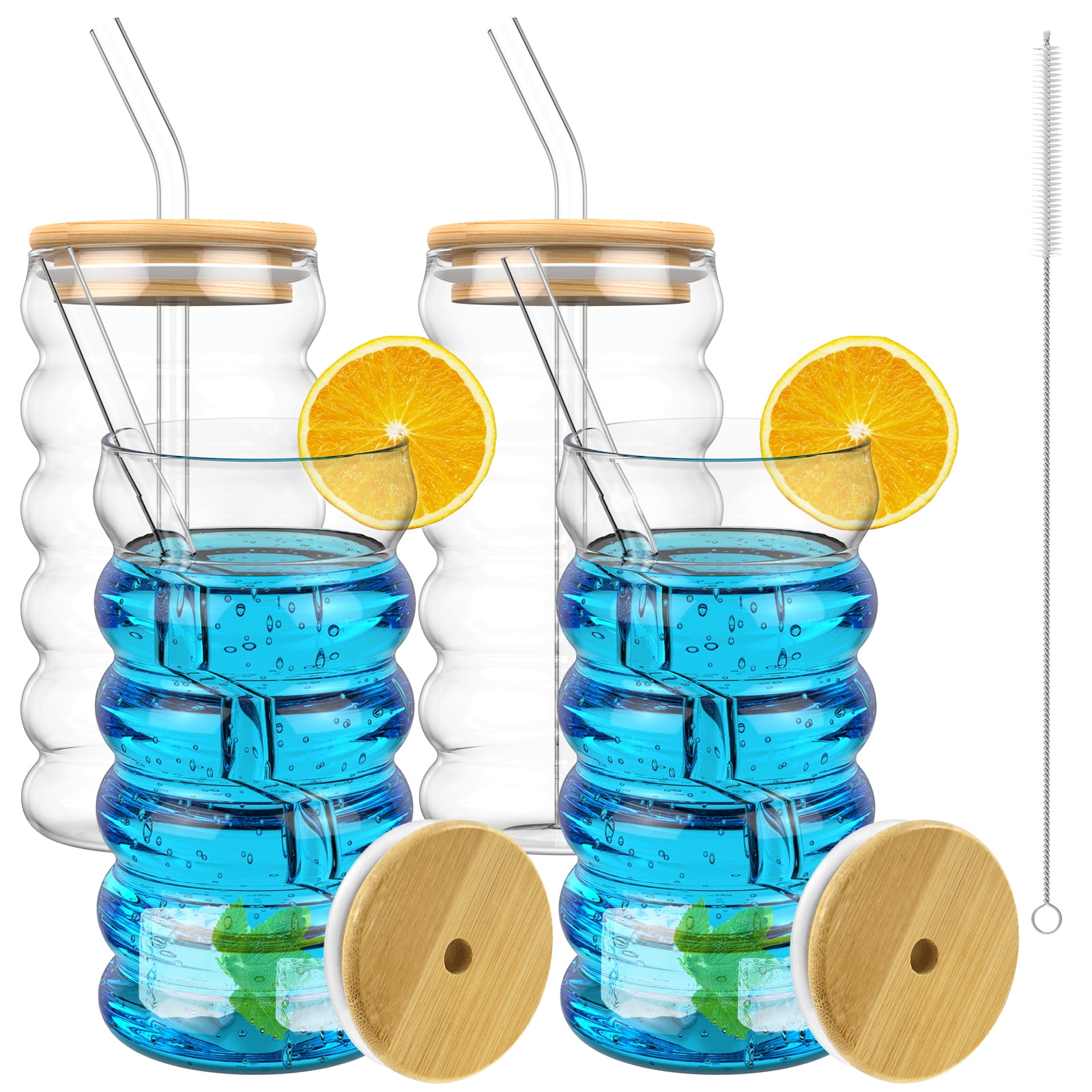 4 PCS Iced Coffee Glass Set with Straw and Lid 500ML Bubble Drinking ...