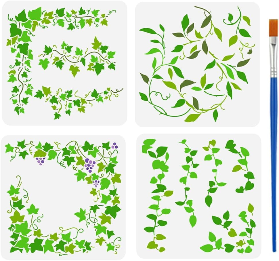 4 PCS Ivy Vines Stencils 11.8x11.8 inch with Bamboo Brush Reusable Ivy ...