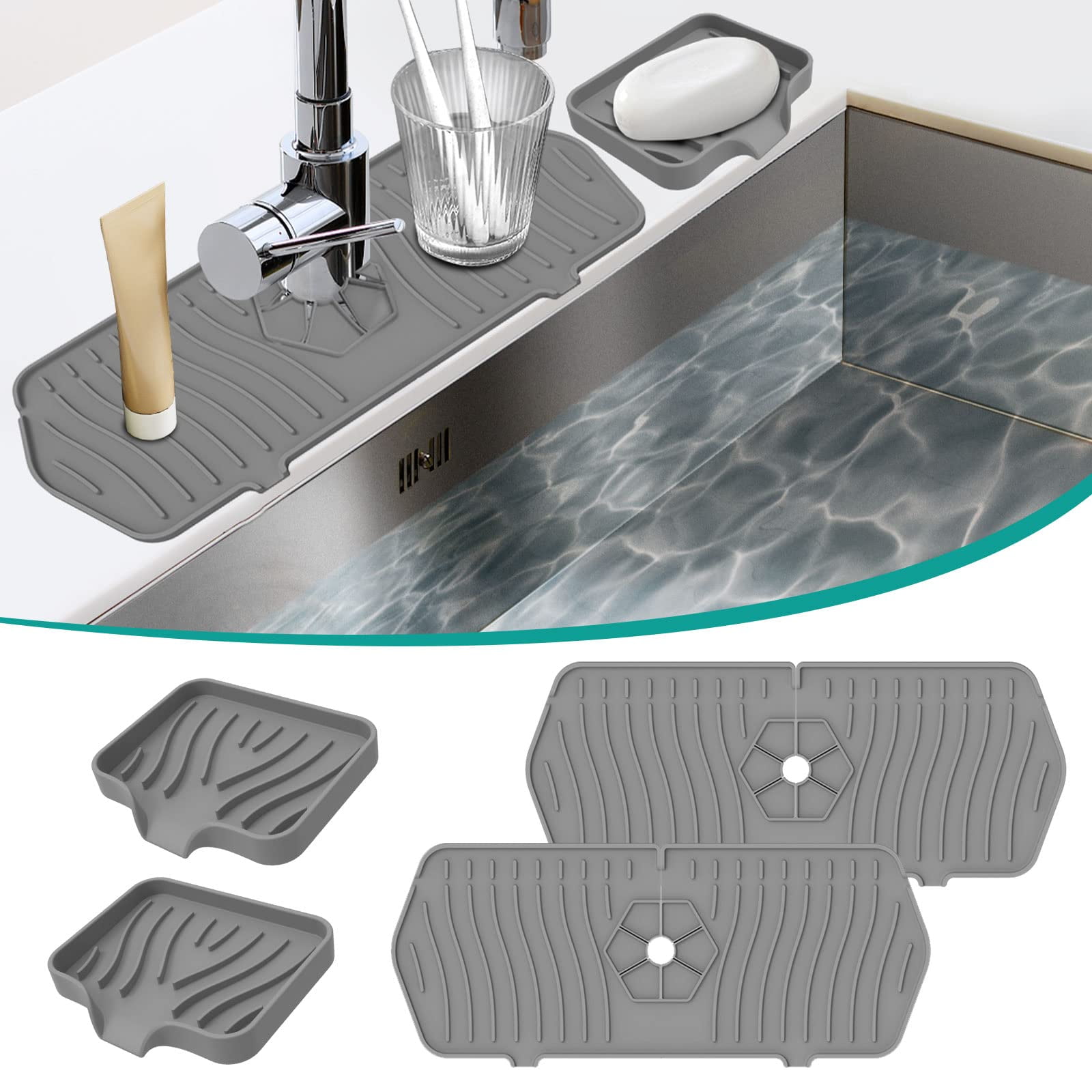 4 PCS Kitchen Sink Splash Guard and Soap Tray, Silicone Faucet Guard ...