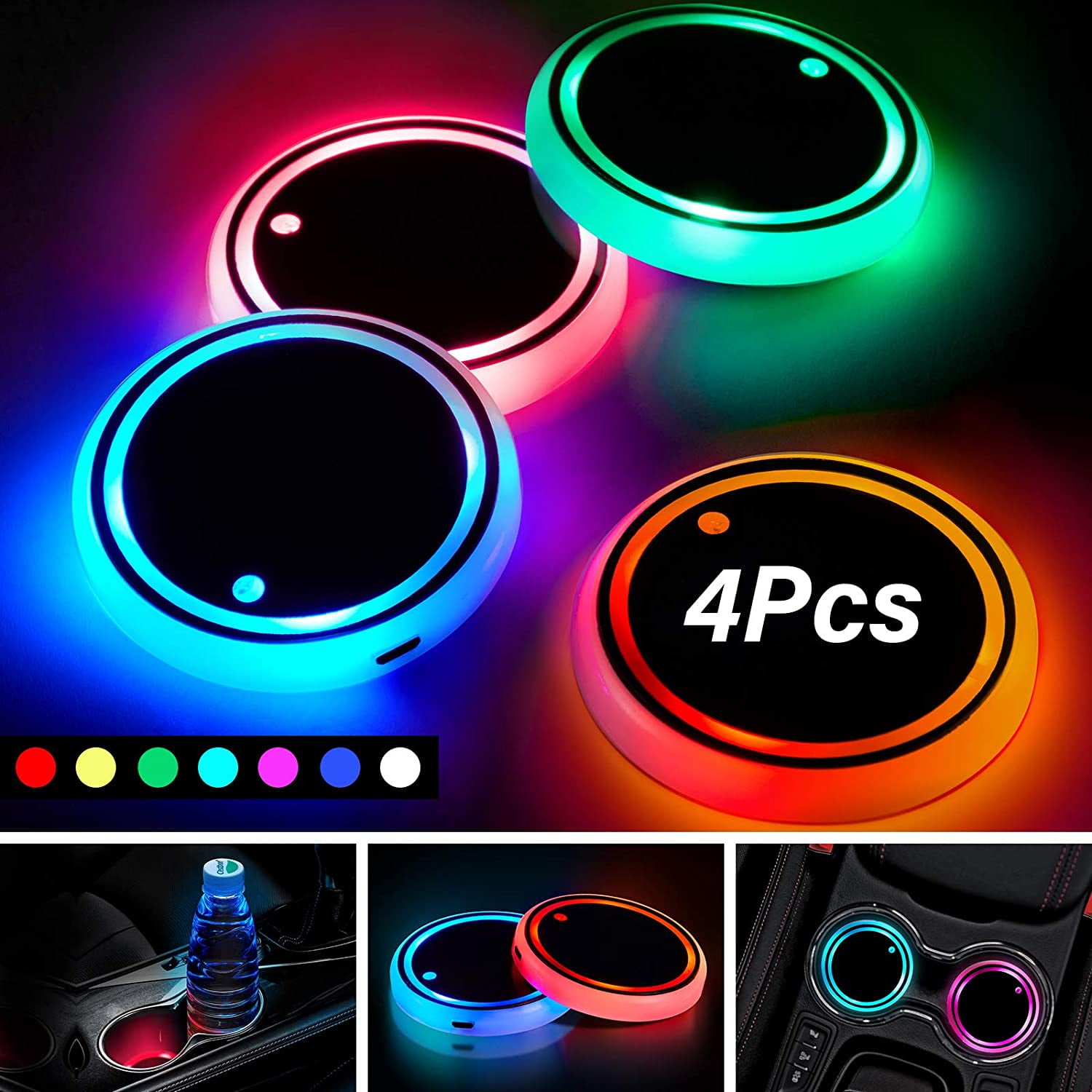 4 PCS LED Cup Holder Lights, 7 Colors Changing Cup Holder Coasters for ...