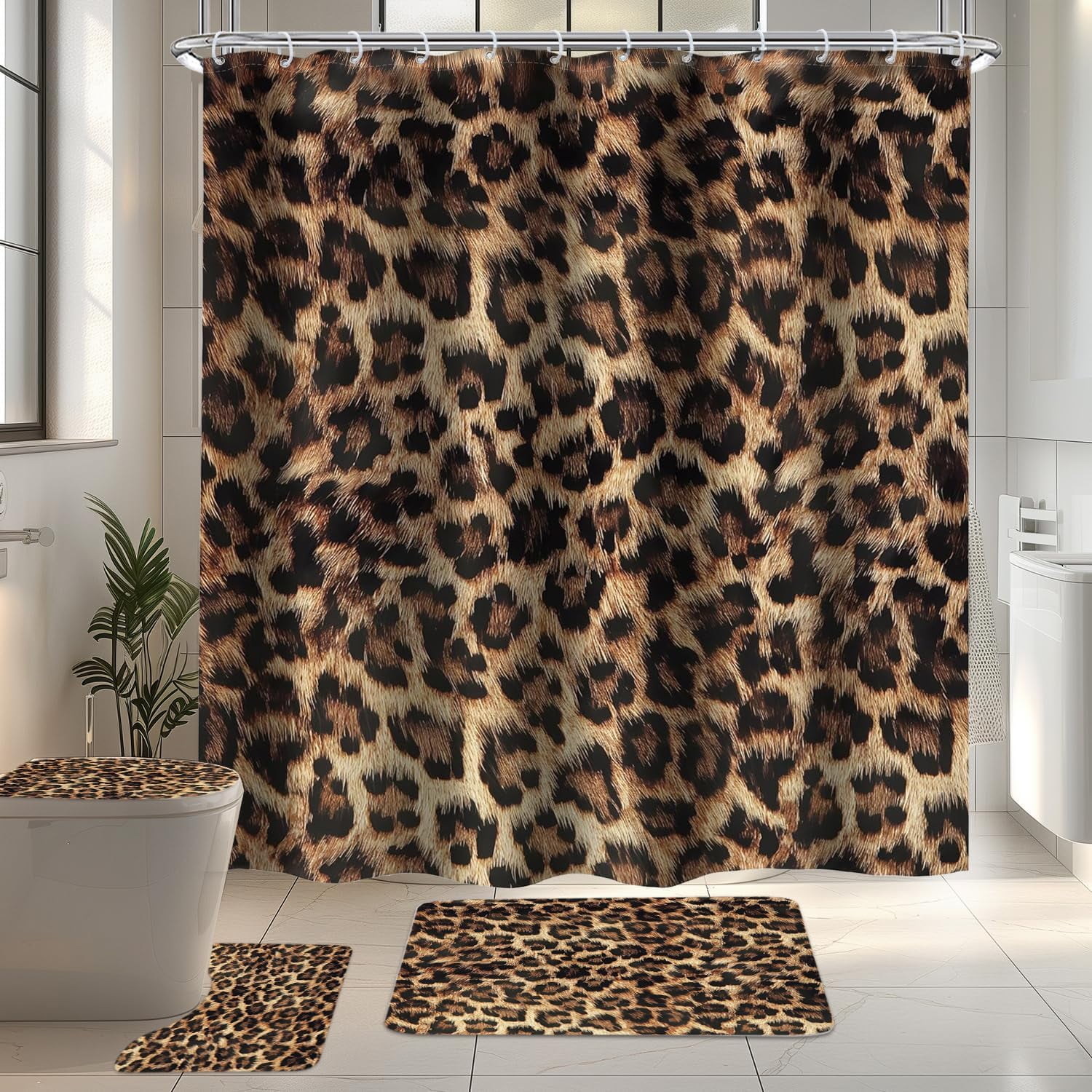 4 PCS Leopard Print Shower Curtain Set 72Wx72H,Toilet Lid Cover,Non ...