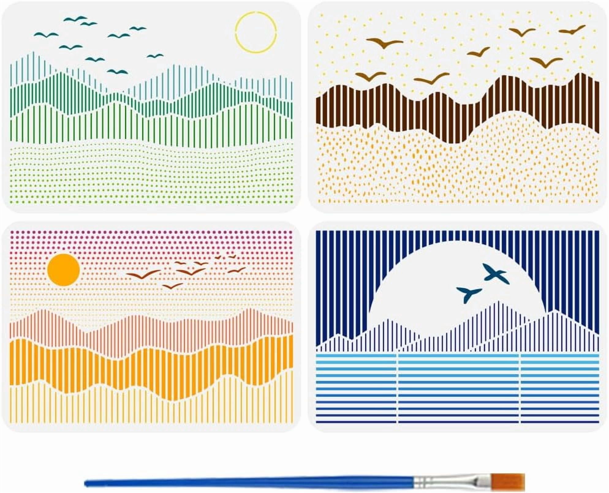 4 PCS Line Scenery Painting Stencil with Brush 8.3x11.7inch Sun ...