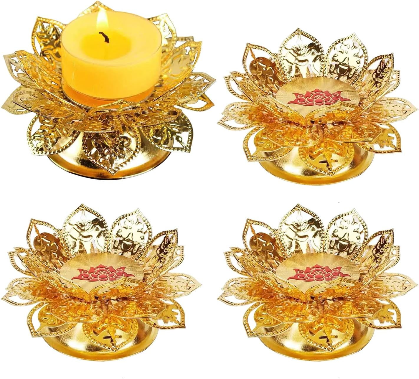 4 PCS Lotus Ghee Lamp Holder, Diwali Diya Vilakku for Puja Pooja Ghee ...
