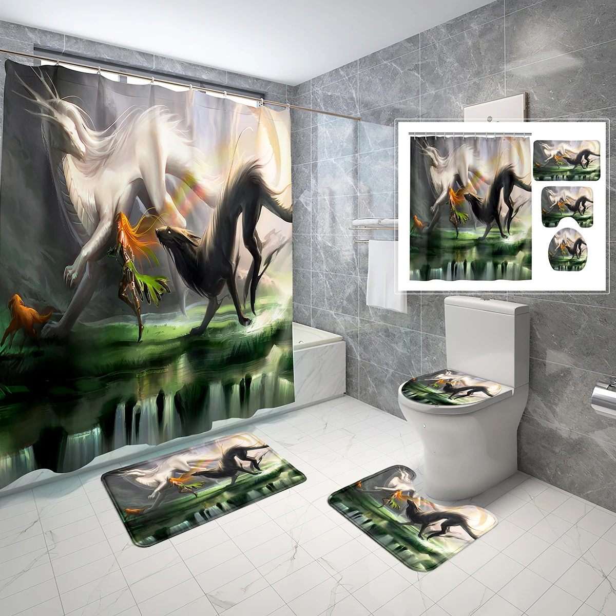 4 PCS Magical Creature Shower Curtain Sets Fantasy Creature Bathroom ...