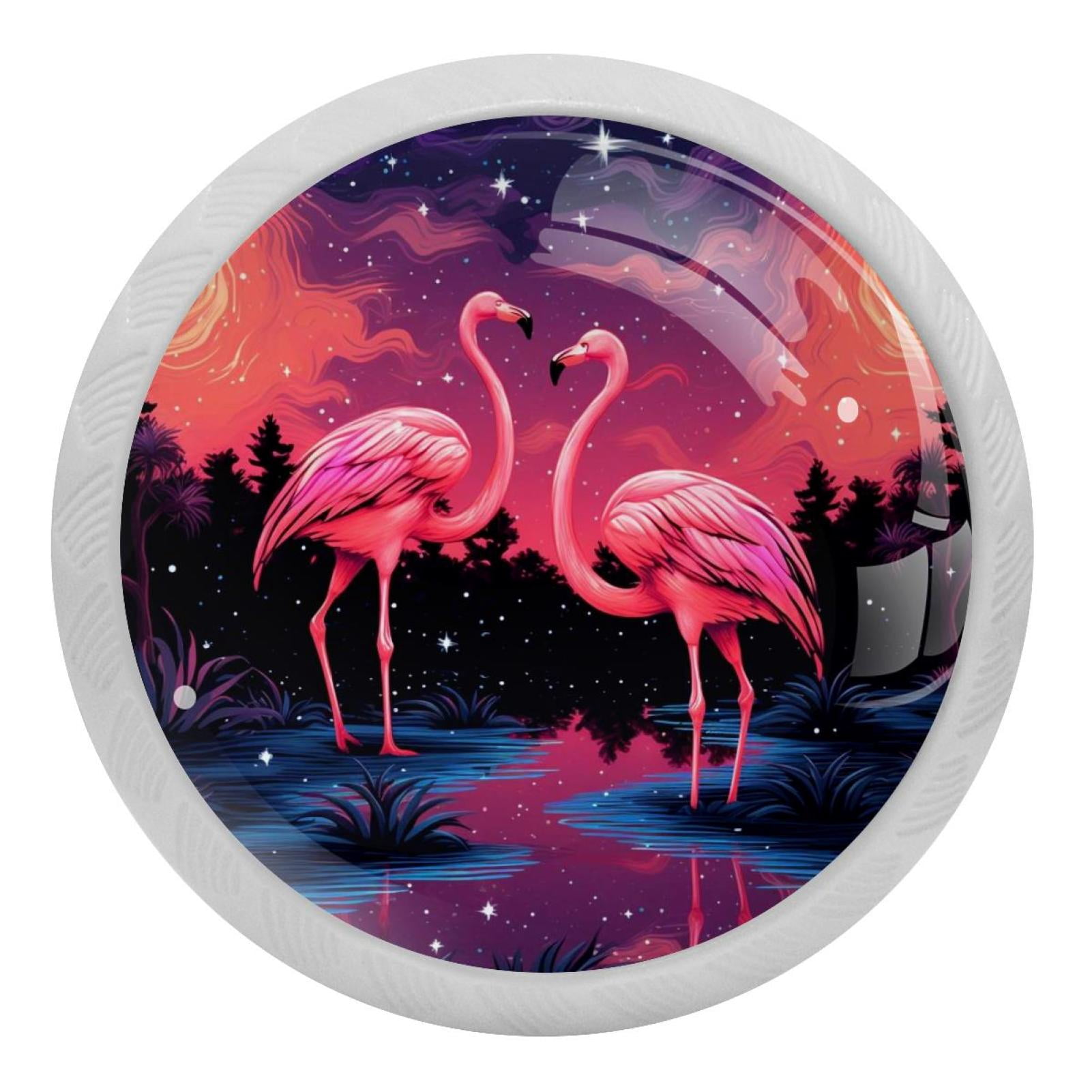 4 PCS Night Starry Sky Pink Flamingo Crystal Glass Round Cabinet Knob ...