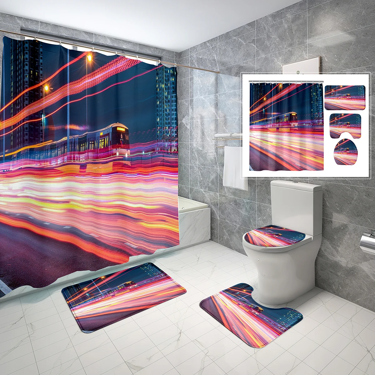 4 PCS Night View Shower Curtain Sets Modern Neon City Art Bathroom ...
