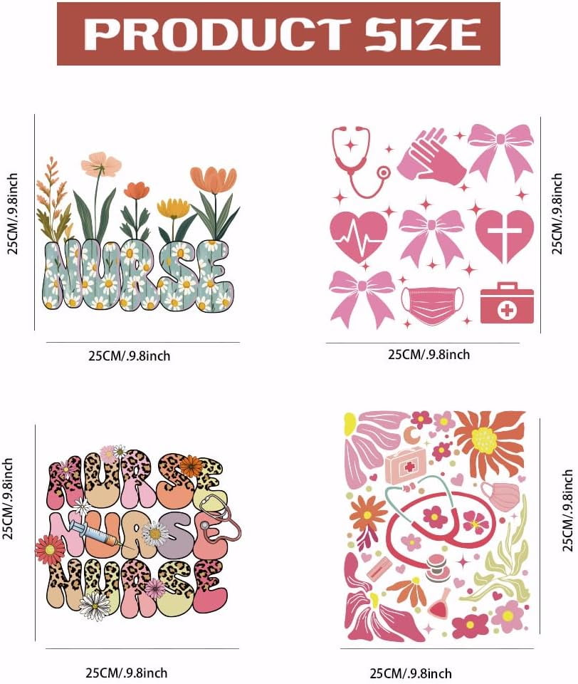 4 PCS Nurse Heat Transfer Stickers Pink Flowers Iron on Transfers Plastic Patches Stickers Set ...