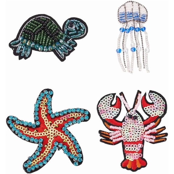4 PCS Ocean Animals Beaded Rhinestone Patches 4 Style Tortoise ...