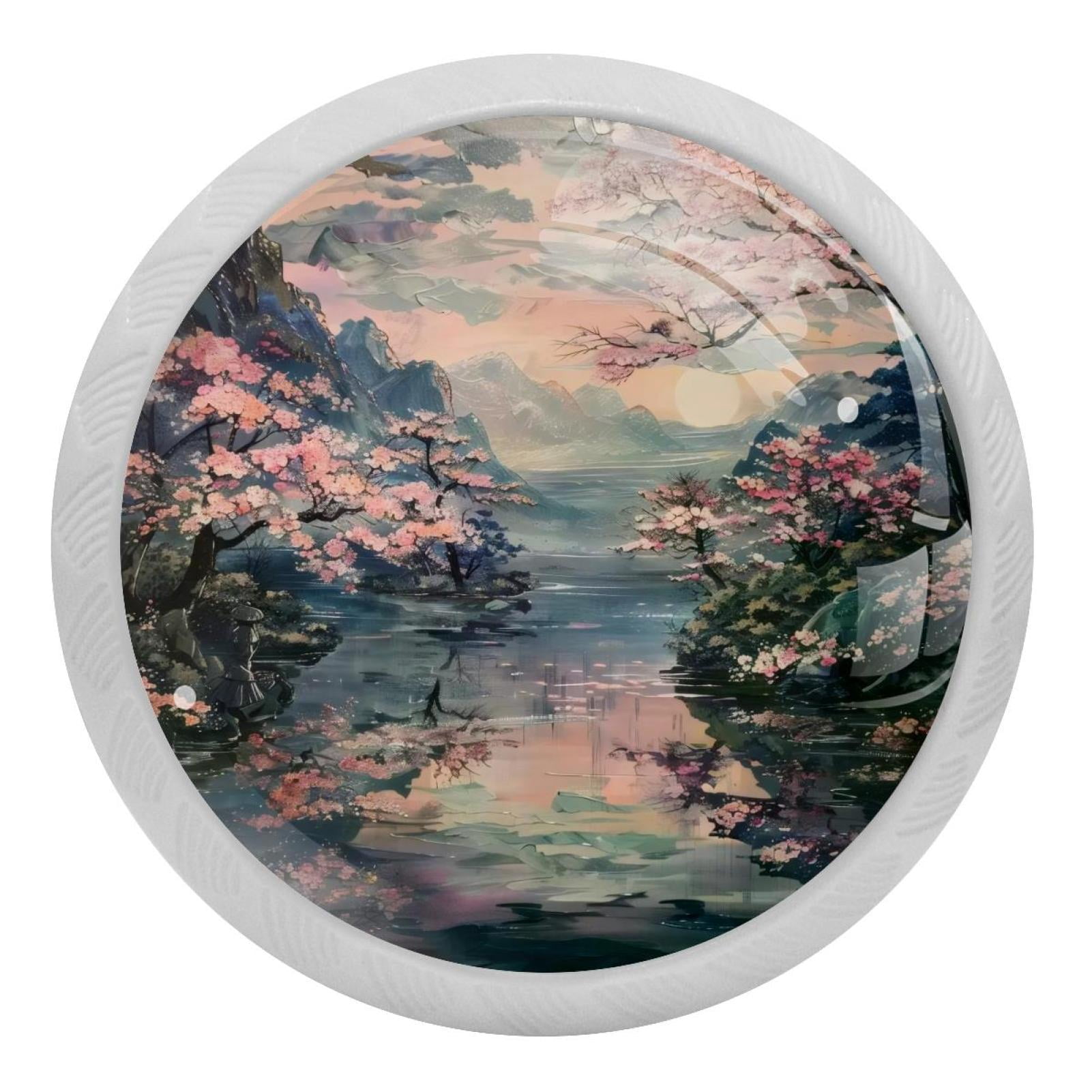 4 PCS Oil Painting Cherry Lake Landscape Crystal Glass Round Cabinet ...
