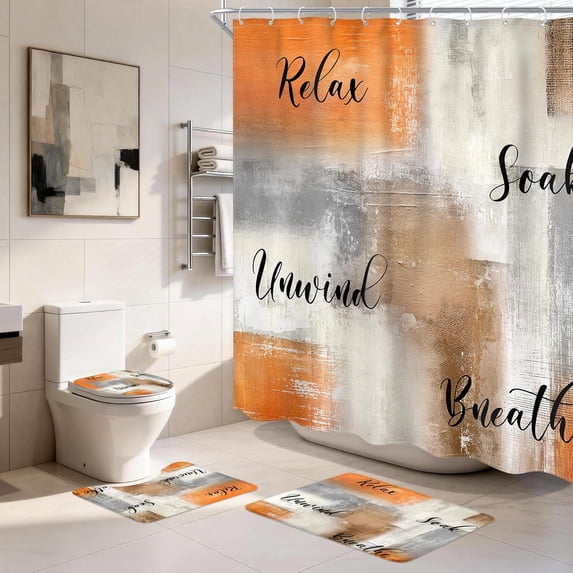 4 PCS Orange Grey Abstract Bathroom Set with Shower Curtain and Rugs ...