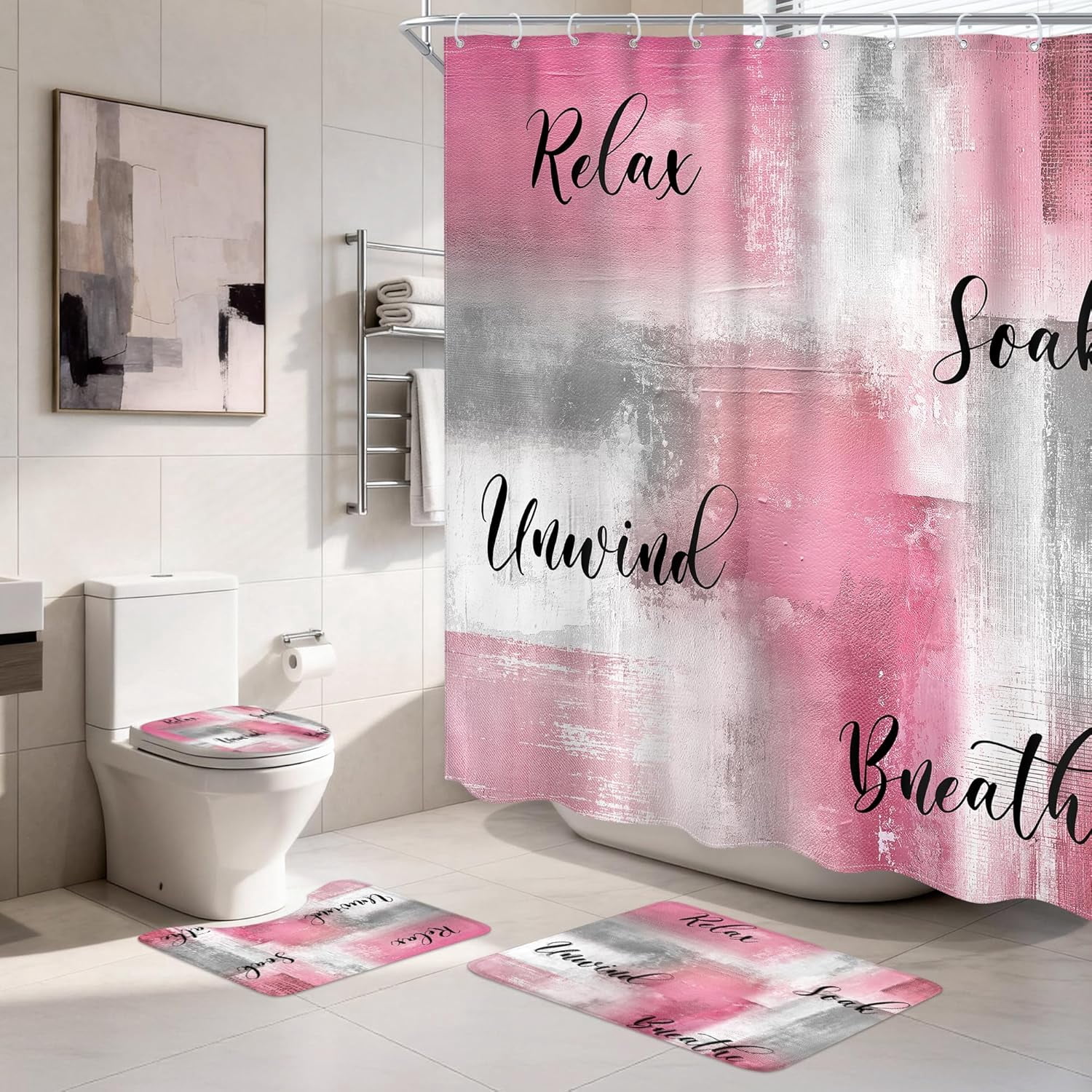 4 PCS Pink Grey Abstract Bathroom Set with Shower Curtain and Rugs ...
