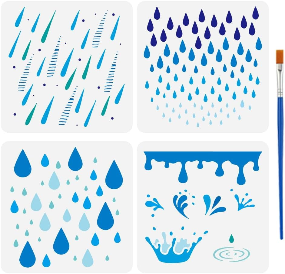 4 PCS Rainy Background Painting Stencil 5.9x5.9inch Raindrop Template ...
