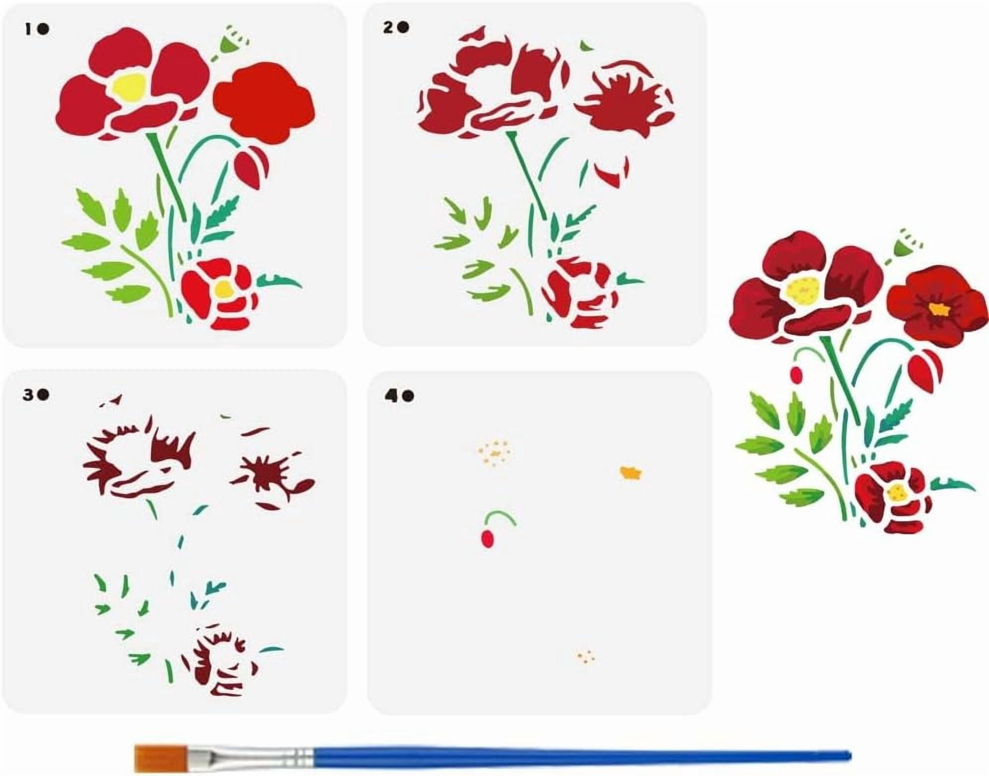4 PCS Realism Layered Poppy Flower Stencils for Painting 5.9x5.9inch ...