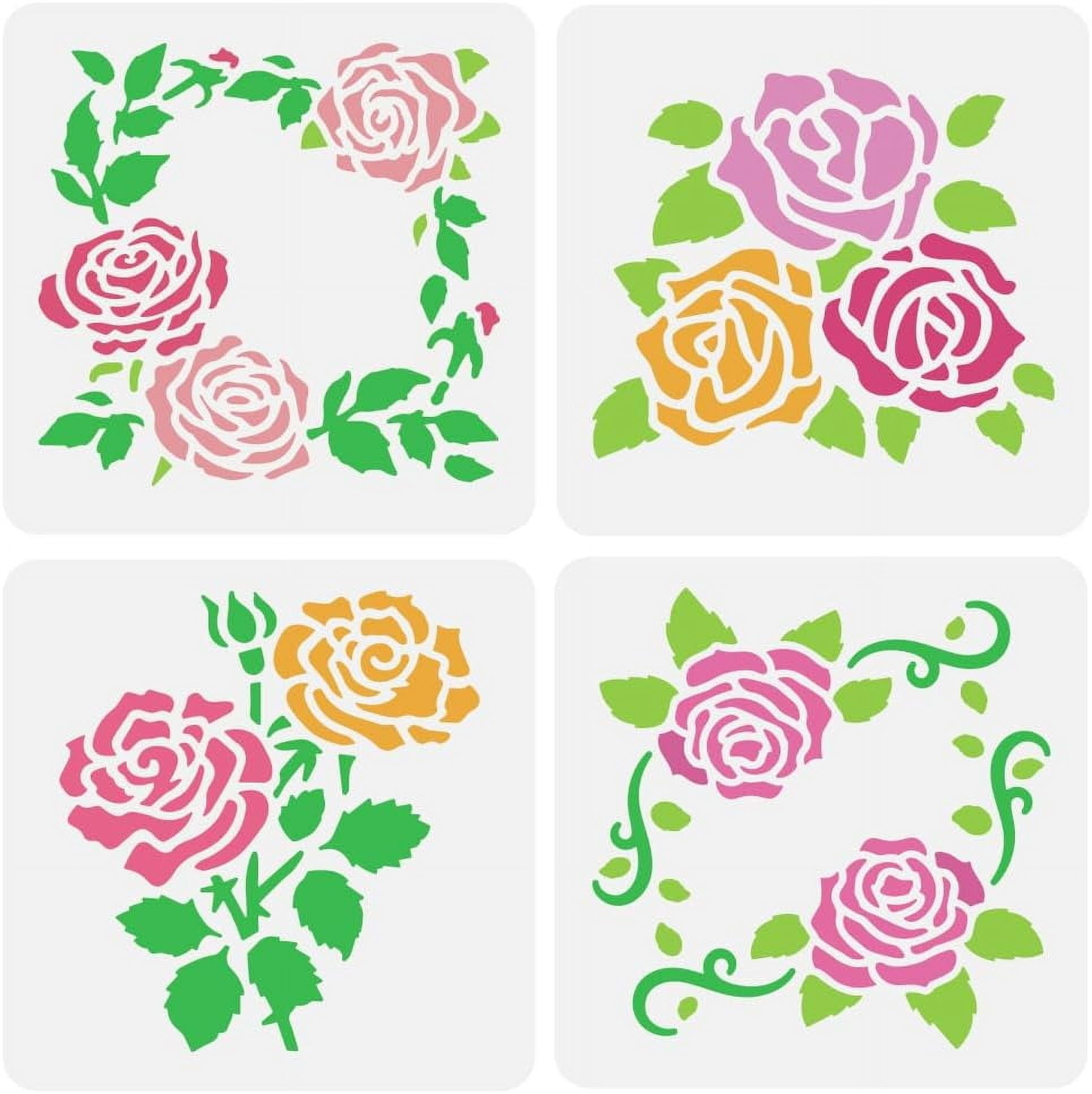 4 PCS Rose Flower Painting Stencil 5.9x5.9inch Rose Corner Border Painting Template Rose Vine ...