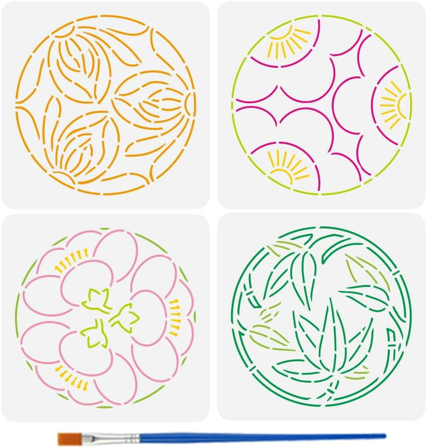 4 PCS Sashiko Embroidery Painting Stencil with Plastic Paint Brush 5 ...