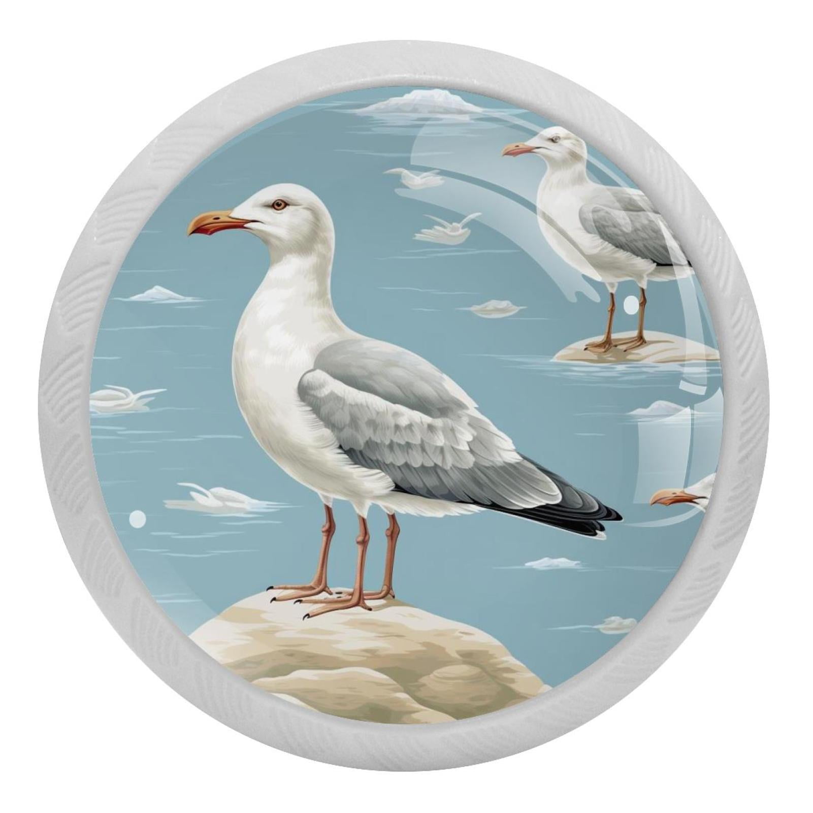 4 PCS Seagull Standing on Sea Wave Stone Crystal Glass Round Cabinet ...