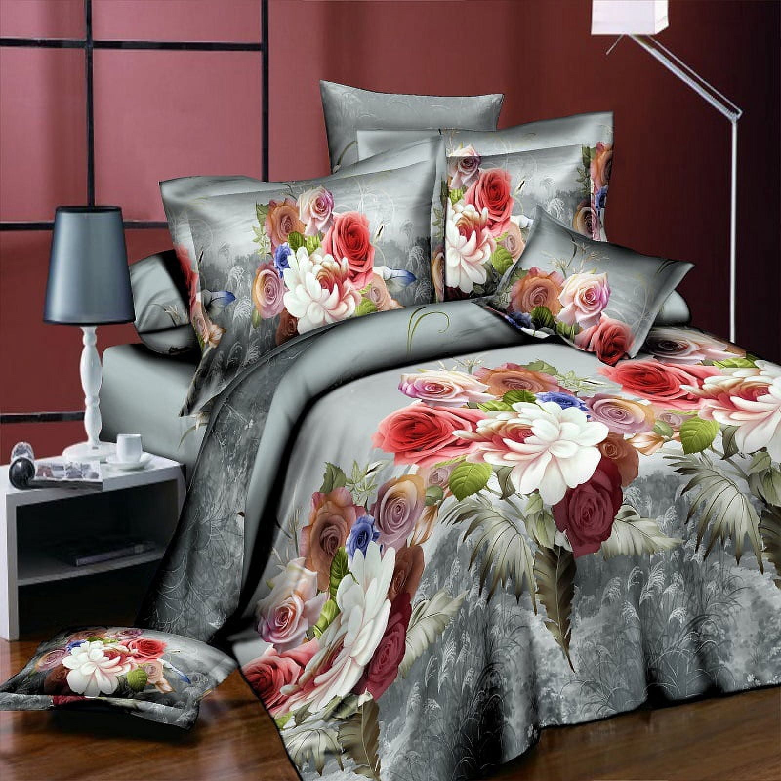 4 PCS Smooth and Soft Polyester 3D Big Red Rose Floral Bedding Sets ...