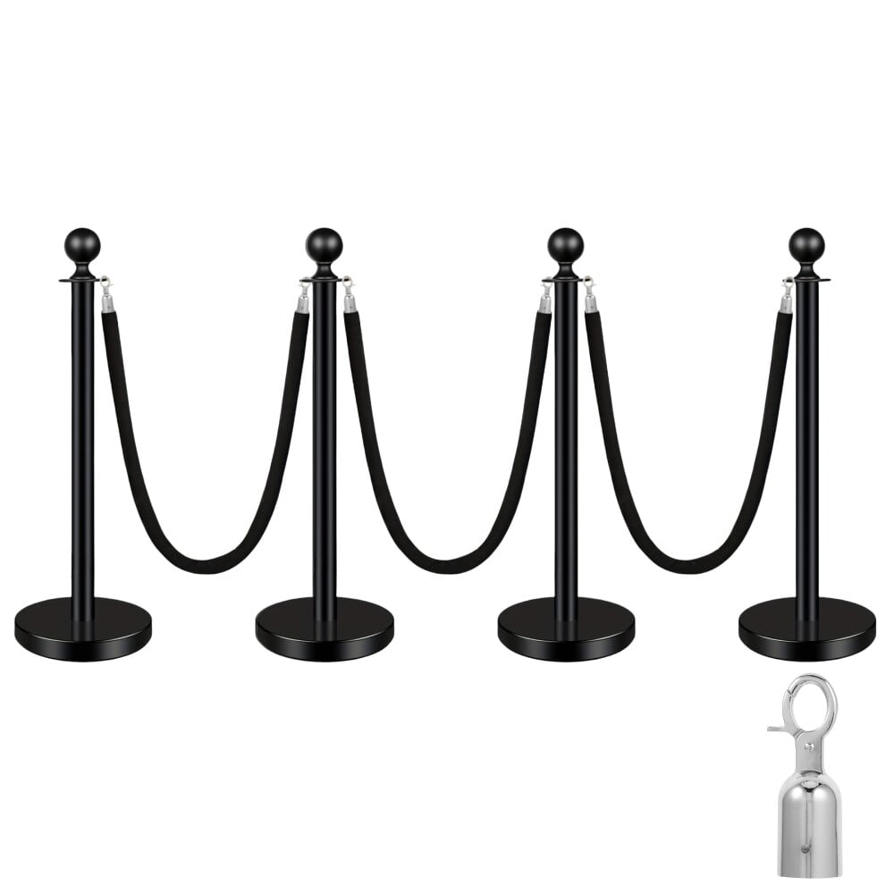 4 PCS Stainless Steel Stanchion Post, 5FT Black Velvet Ropes and ...