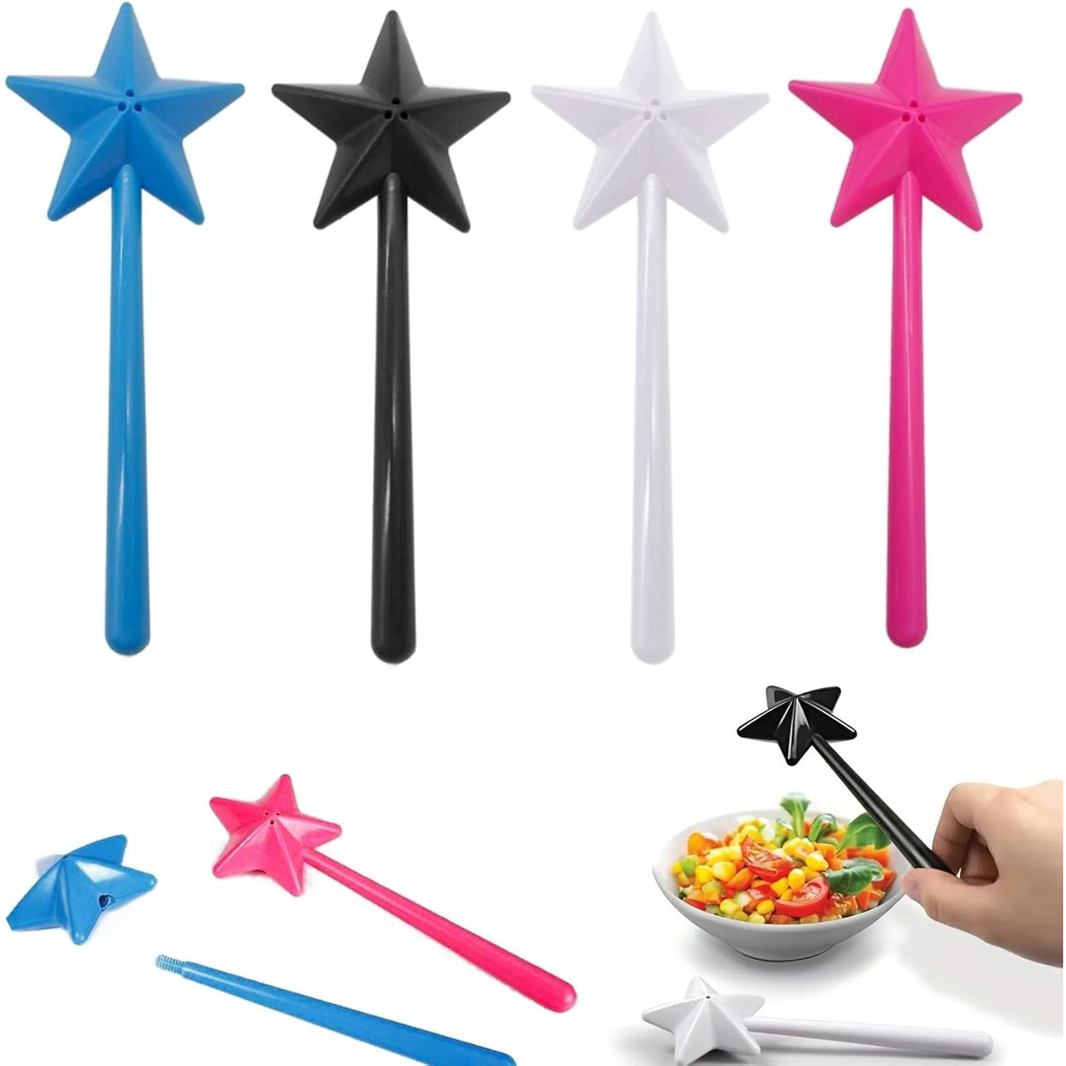 4 PCS Star Magic Salt and Papper Shakers Pentagram Shape Fairy Wand Three Holes Salt Dispenser ...