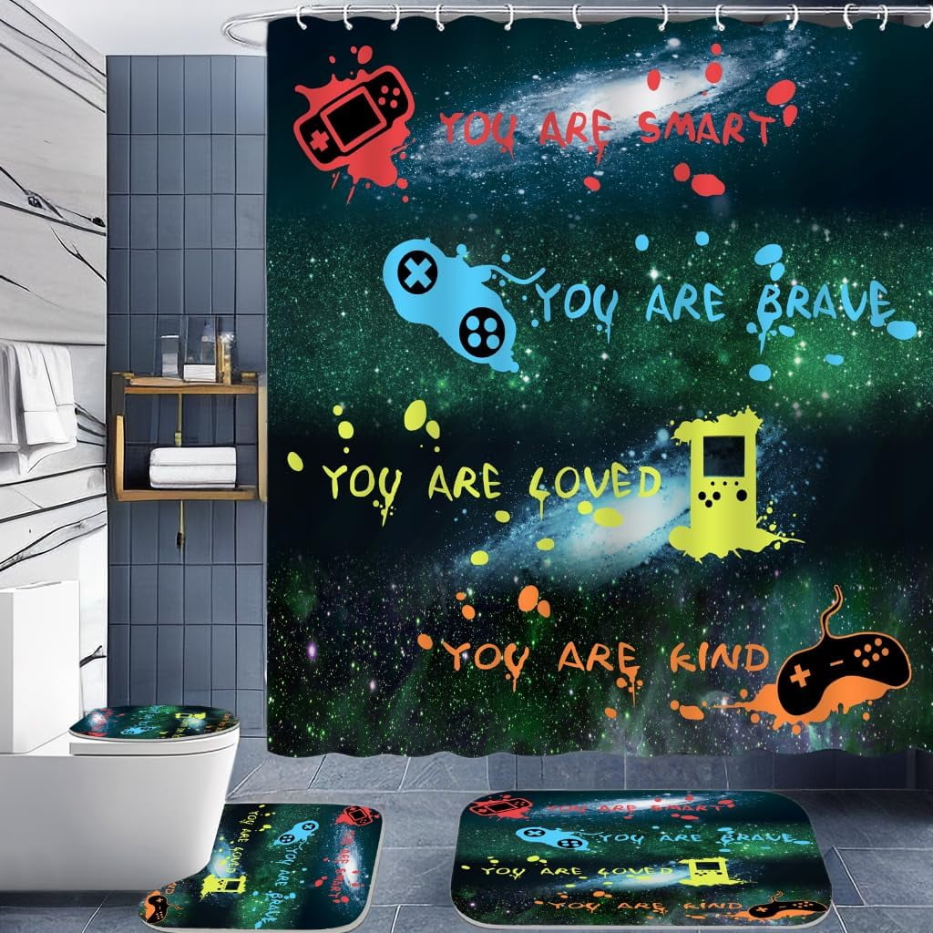 4 PCS Star Outer Space Kids Shower Curtain Sets,Boys Gaming Bathroom ...