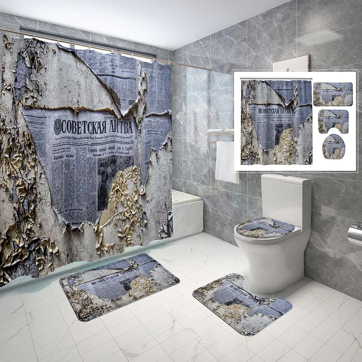 4 PCS Vintage Newspaper Shower Curtain Set Simple Black and While Non ...