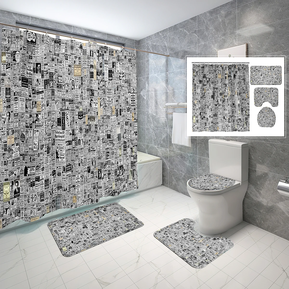 4 PCS Vintage Newspaper Shower Curtain Set Simple Black and While Non ...