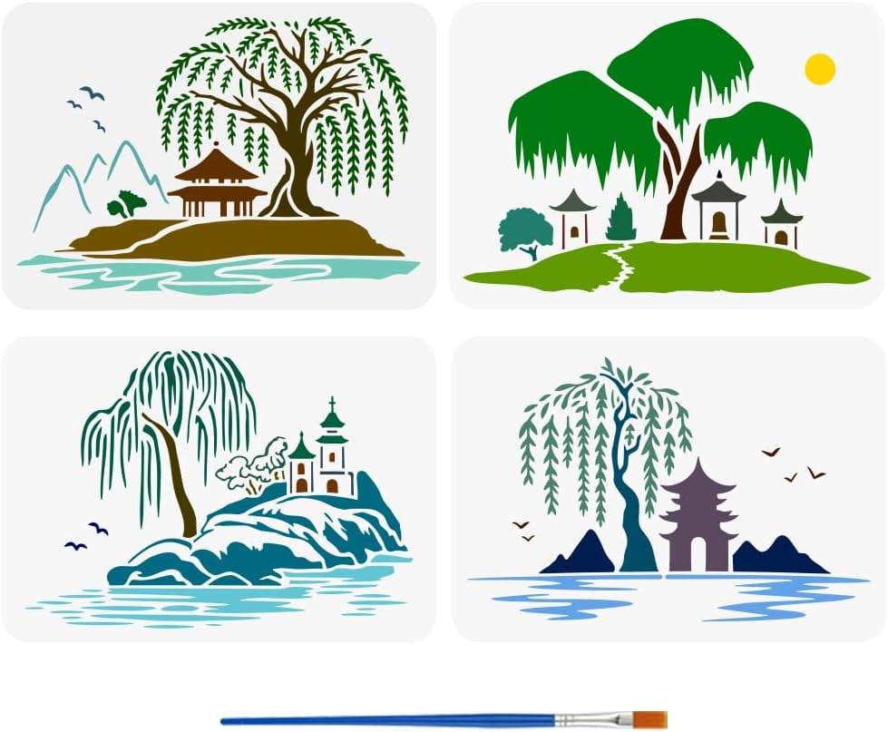 4 PCS Willow Scenery Stencils for Painting 8.3x11.7inch with Paint ...