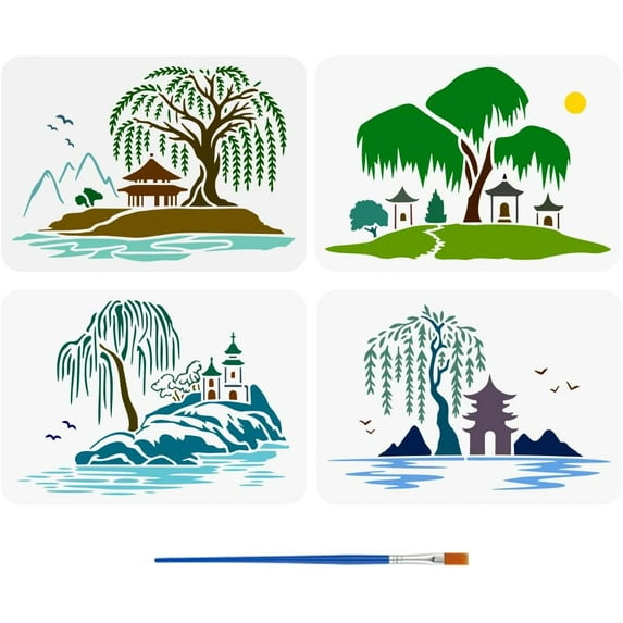 4 PCS Willow Scenery Stencils for Painting 8.3x11.7inch with Paint ...