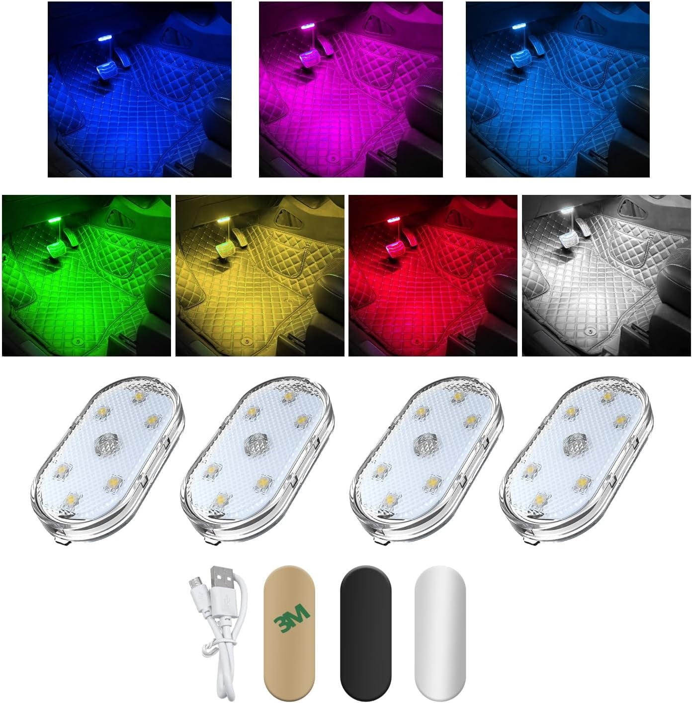 4 PCS Wireless Led Lights for Car Interior, 7 Colors Magnetic Auto ...