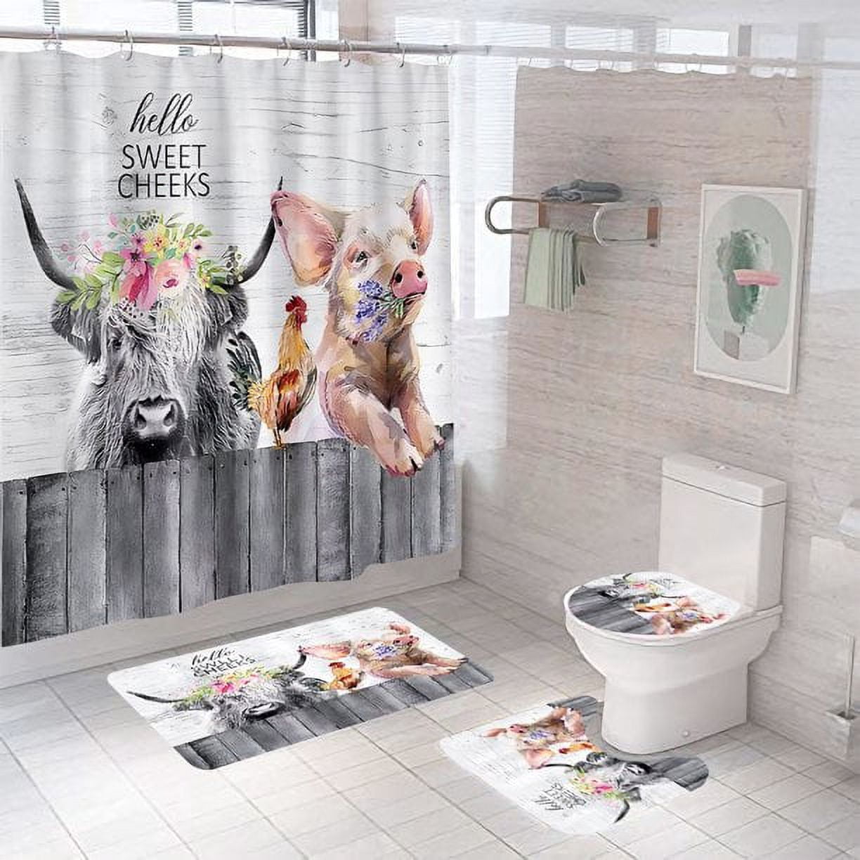 4 PCS Yak Shower Curtain Sets with Non-Slip Rugs and Toilet Lid Cover ...