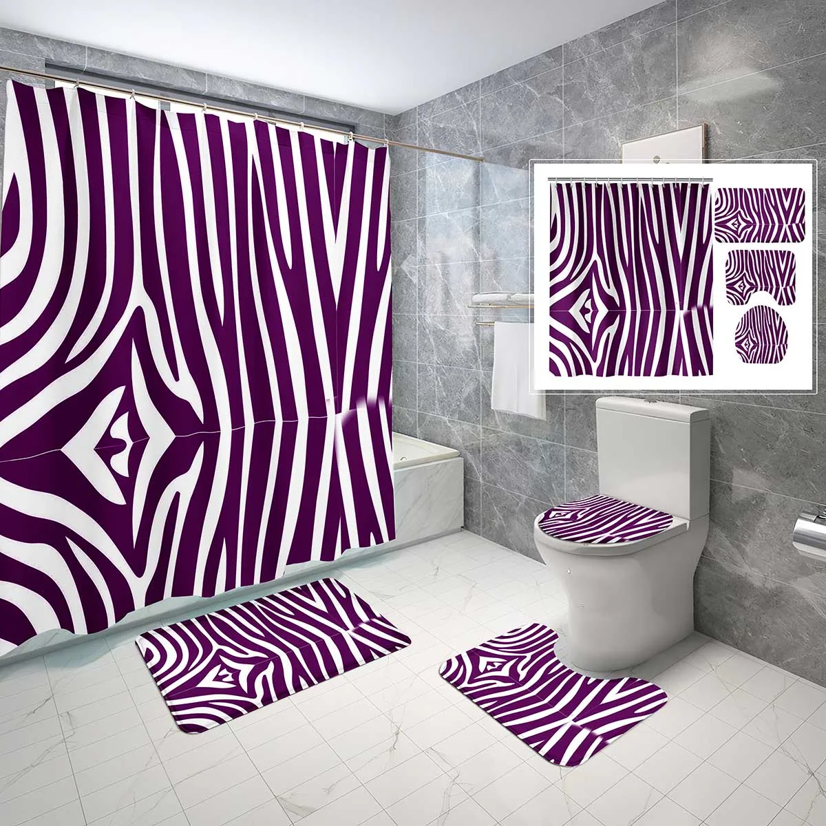 4 PCS Zebra Texture Shower Curtain Sets Animals Striped Bathroom ...