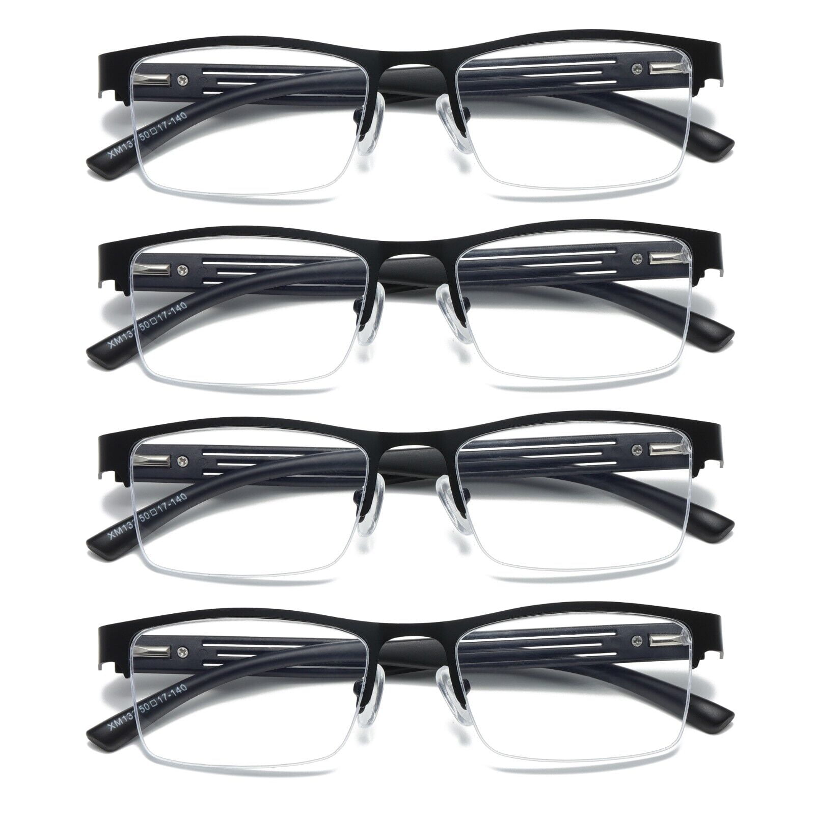 4 PK Mens Reading Glasses Spring Hinge - Square Metal Half-Frame - Blue ...
