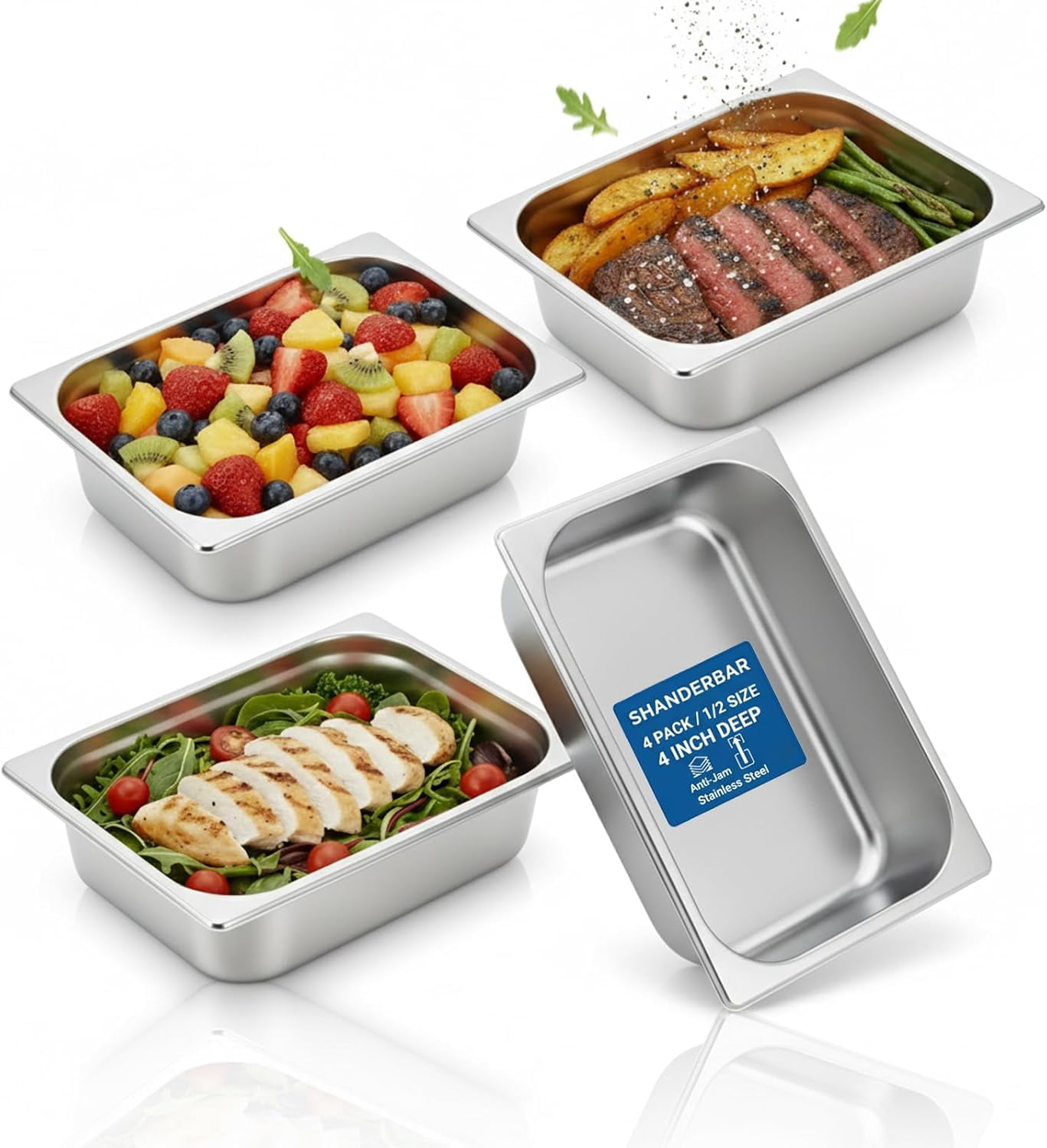 4 Pack 1/2 Half Size Hotel Pans, 4 Inch Deep Stainless Steel Steam ...