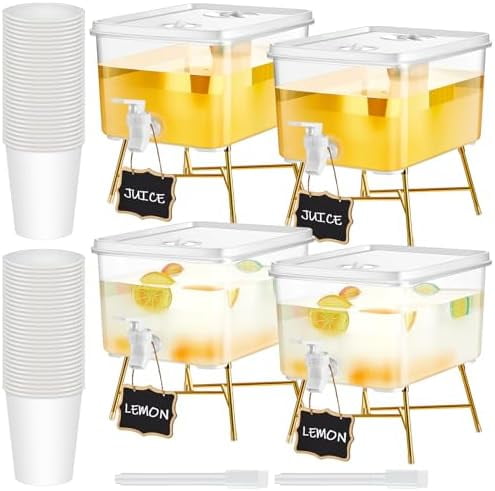 4 Pack 1.3 Gallon Beverage Dispensers with 60 Pcs Disposable Cups ...