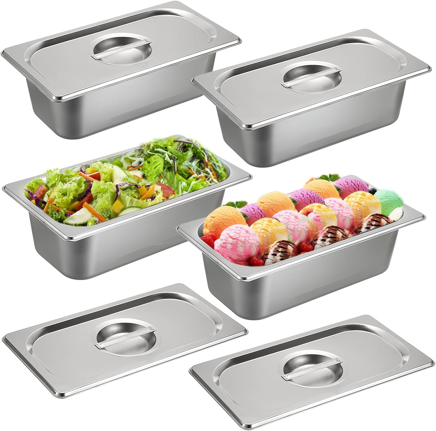 4 Pack 1/3 Size 3-5/8" Depth Hotel Pan with Lids, Stainless Steel Steam ...